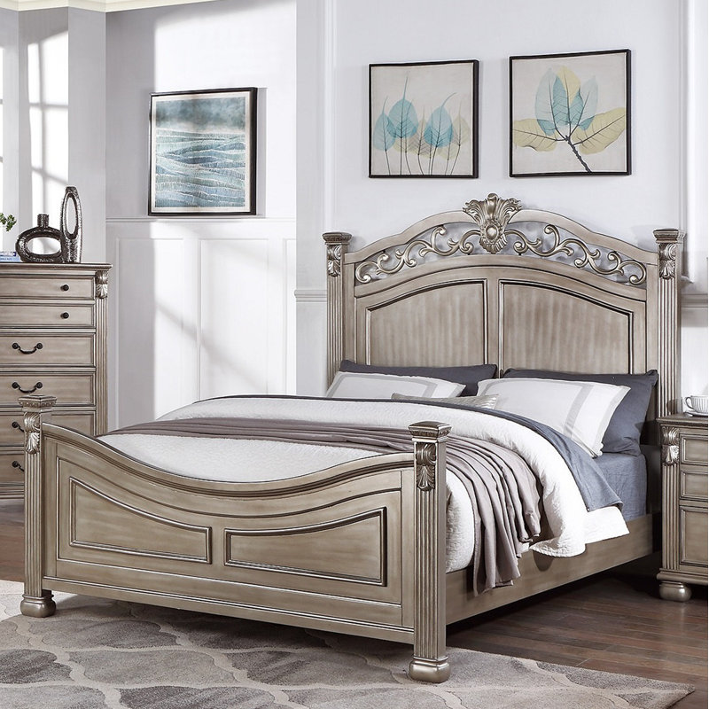Gorgeous American Classic Vintage Bed with Antique Carved Designs and Matching Furniture Set House of Hampton Color Antique Silver
